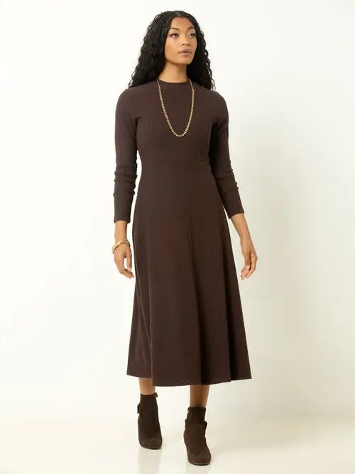 SINGLE STITCH Ribbed Knit Midi Dress - Mahogany