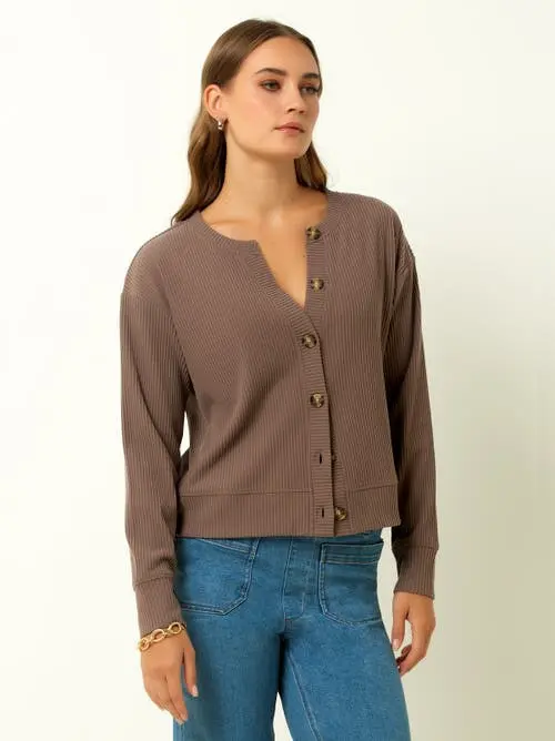 SINGLE STITCH Ribbed V-neck Cardigan - Deep Taupe