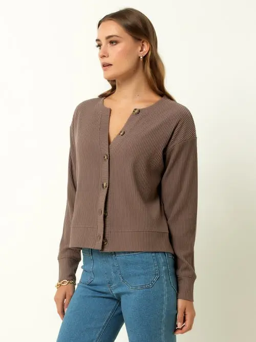 SINGLE STITCH Ribbed V-neck Cardigan - Deep Taupe