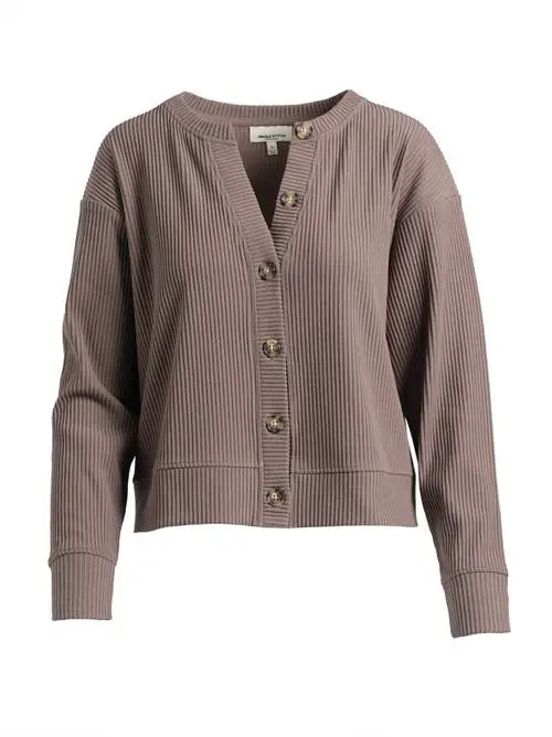 SINGLE STITCH Ribbed V-neck Cardigan - Deep Taupe
