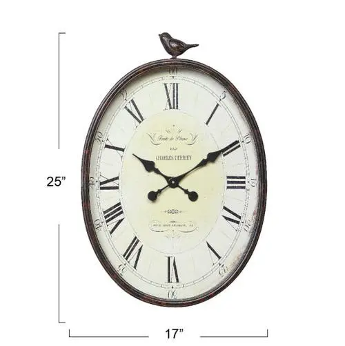 STORIED HOME Oval Metal Wall Clock With Bird