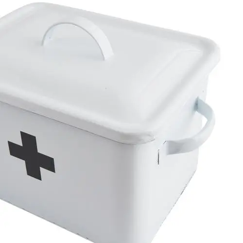 STORIED HOME Enameled Metal First Aid Box With Lid And Swiss Cross