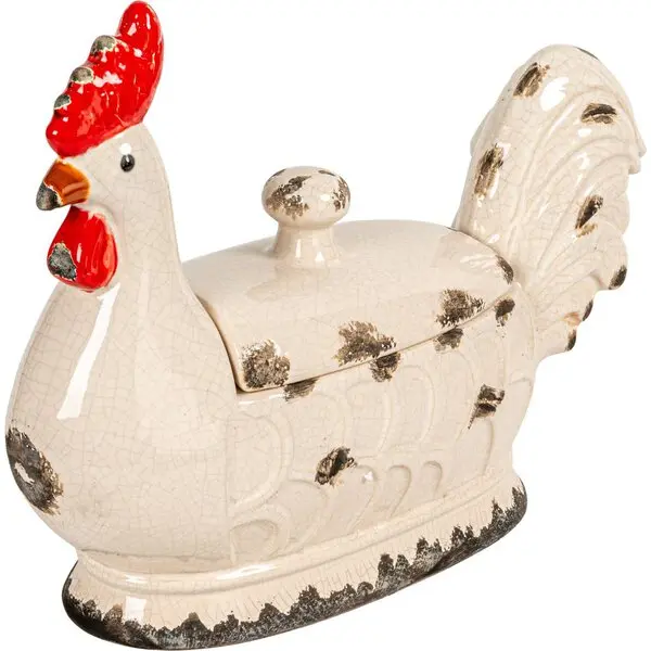STORIED HOME Decorative Stoneware Rooster Container With Lid And Distressed Finish - White