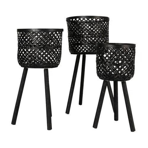 STORIED HOME Woven Wood Baskets With Wooden Legs - Black