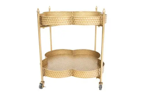 STORIED HOME Vintage Clover-shaped 2-tier Hammered Metal Bar Cart With Wheels - Brass