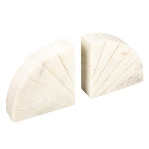 STORIED HOME Modern Arched Semicircle Marble Bookends With Carved Detail, Set Of 2 - White