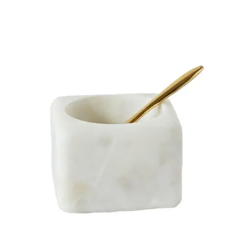 STORIED HOME Square Marble Bowl With Brass Spoon