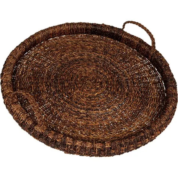 STORIED HOME Artisanal Bankuan Braided Tray With Handles - Brown