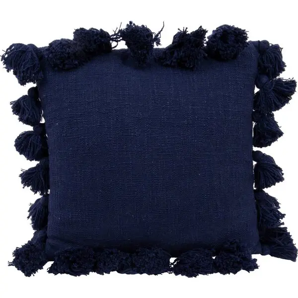 STORIED HOME Woven Cotton Slub Pillow With Tassels - Blue
