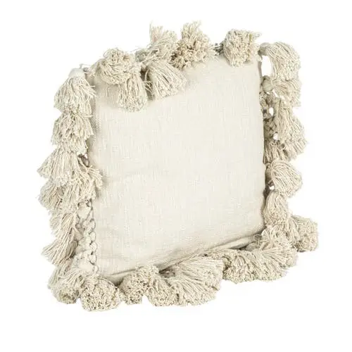 STORIED HOME Cotton Slub Pillow With Crochet And Tassels - Cream