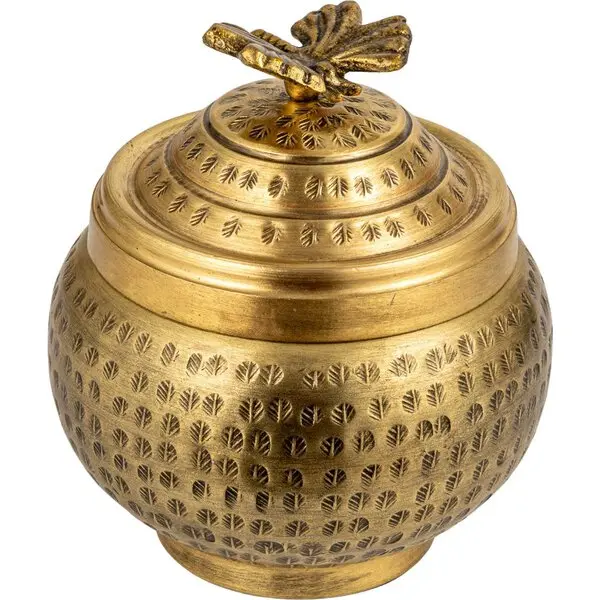 STORIED HOME Round Hammered Metal Container With Butterfly Finial - Gold