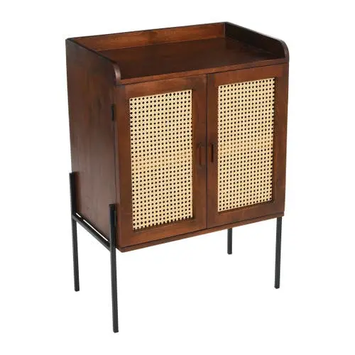 STORIED HOME Boho Solid Wood Bar Cabinet With Metal Legs And Woven Cane Doors - Brown