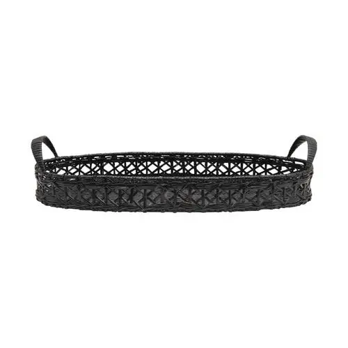 STORIED HOME Decorative Hand-woven Rattan Tray With Handles - Black