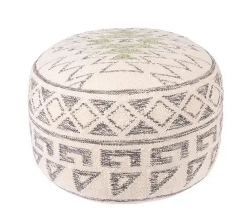 STORIED HOME Round Wool Blend Kilim Pouf With Geometric Design