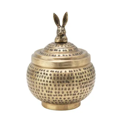 STORIED HOME Round Hammered Metal Container With Rabbit Finial - Brass