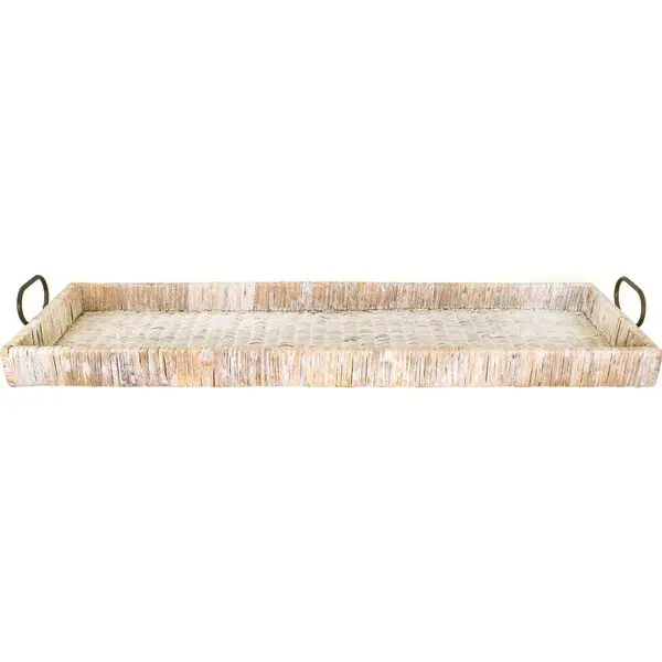 STORIED HOME Oversize Decorative Rattan Tray With Metal Handles