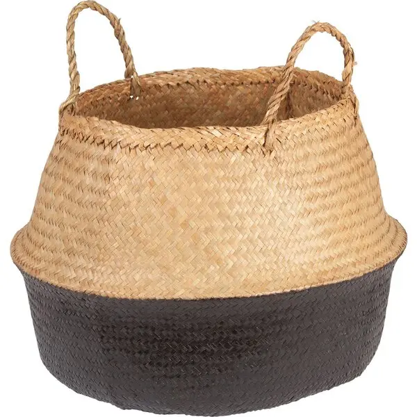 STORIED HOME Handwoven Seagrass Basket Storage With Handles - Black