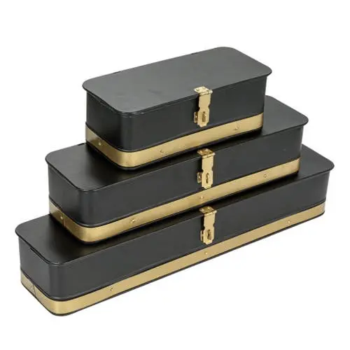 STORIED HOME Decorative Metal Boxes With Lid, With Gold Band - Black