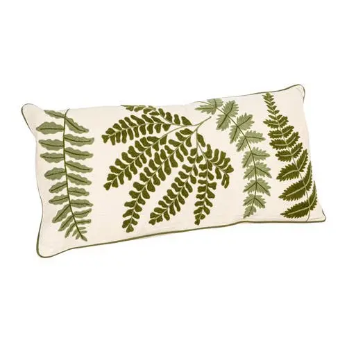STORIED HOME Cotton Lumbar Pillow With Fern Fronds Embroidery - Green