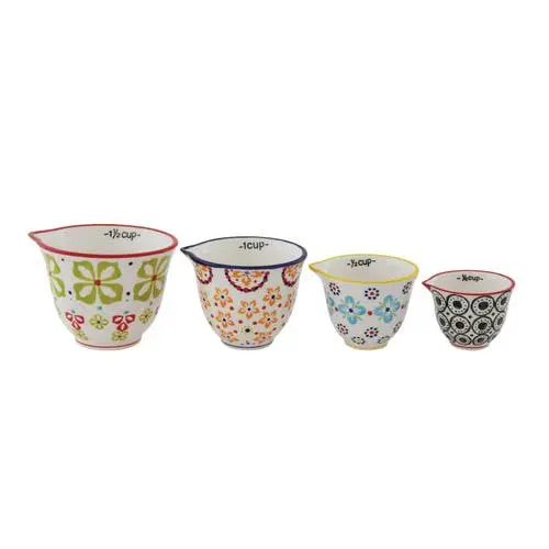 STORIED HOME Floral Hand Stamped Stoneware Measuring Cups - Green