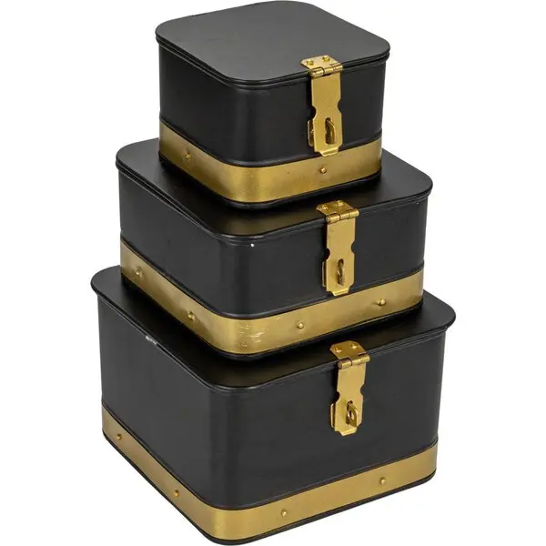 STORIED HOME Decorative Metal Boxes With Lid, With Gold Band - Black