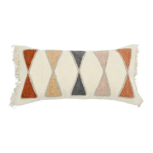 STORIED HOME Embroidered Cotton Lumbar Pillow With Fringe - Orange