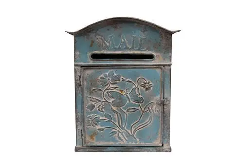 STORIED HOME Distressed Embossed Tin "mail" Box - Blue