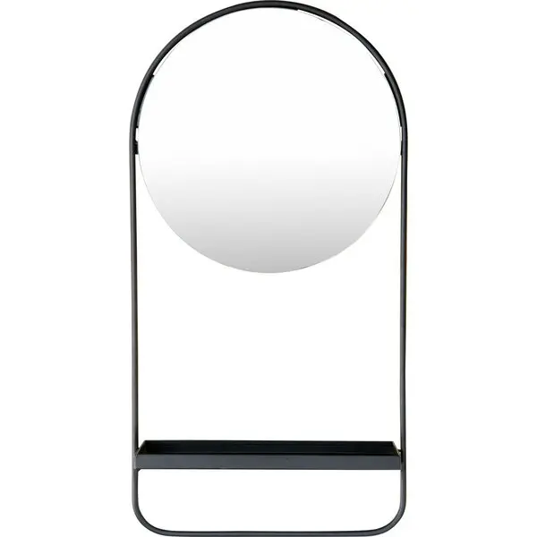 STORIED HOME Round Floating Metal Framed Wall Mirror With Shelf - Black