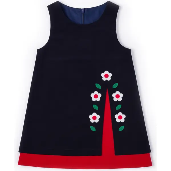 FLORENCE EISEMAN Corduroy Jumper With Floral Appliqués - Navy/ Red/ Green/ White