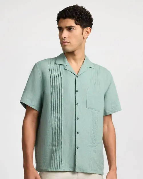 Onia Linen Pintuck Camp Shirt - Soft Olive