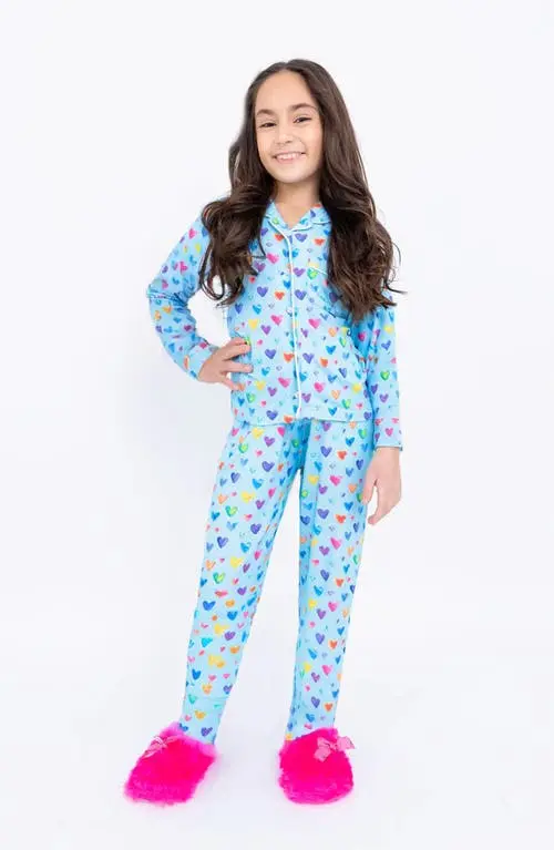 PREPPY GOOSE Heart Printed Jersey Long Sleeve Pajama Pant Set - Blue