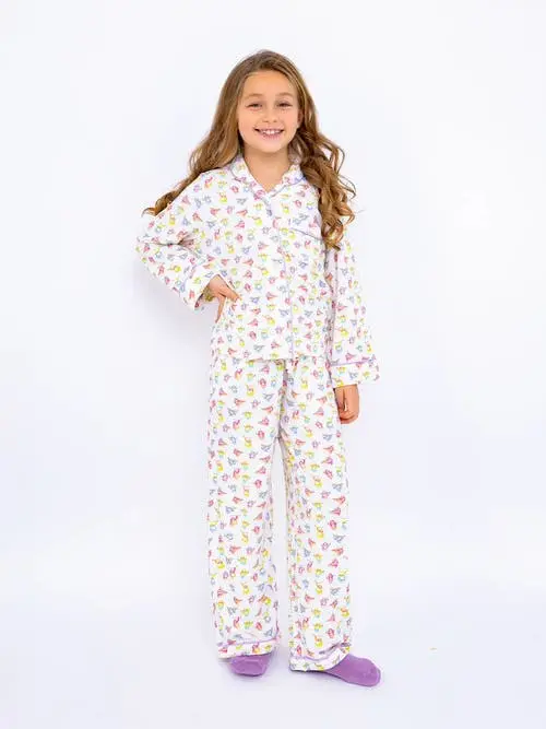 PREPPY GOOSE Sloth Printed Jersey Long Sleeve Pajama Pant Set - Ivory
