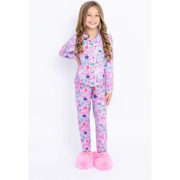 PREPPY GOOSE Printed Jersey Long Sleeve Pajama Pant Set - Pink