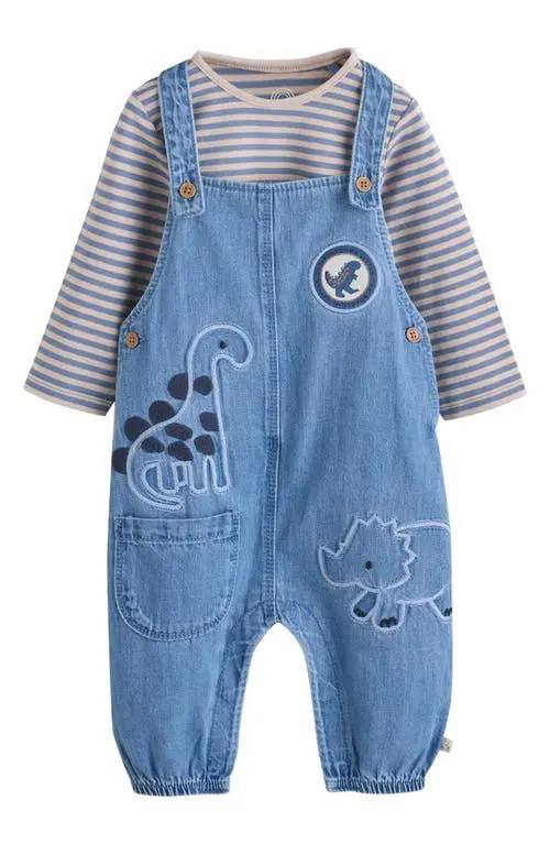 NEXT Dinosaur Denim Overalls & Stripe Top Set