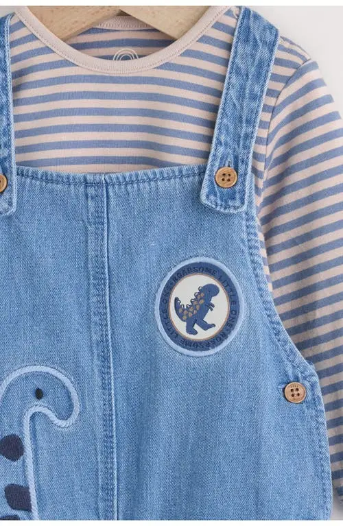 NEXT Dinosaur Denim Overalls & Stripe Top Set