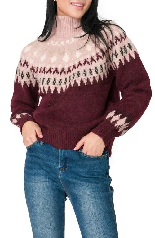 GIBSONLOOK Fair Isle Mock Neck Sweater - Burgundy Pink