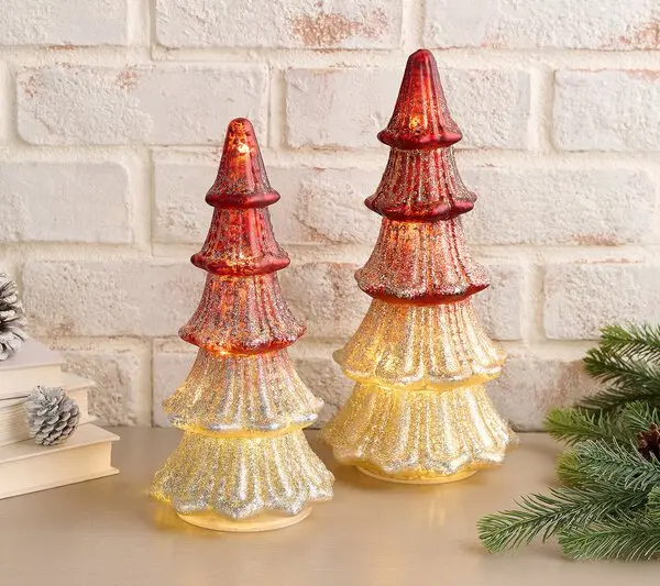 HOME REFLECTIONS S/2 Illuminated Ombre Shimmer Glass Trees - One-color