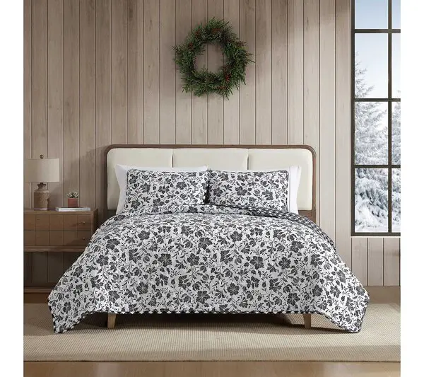Eddie Bauer Woodblock Floral Black Flannel F/q Uilt Set - One-color