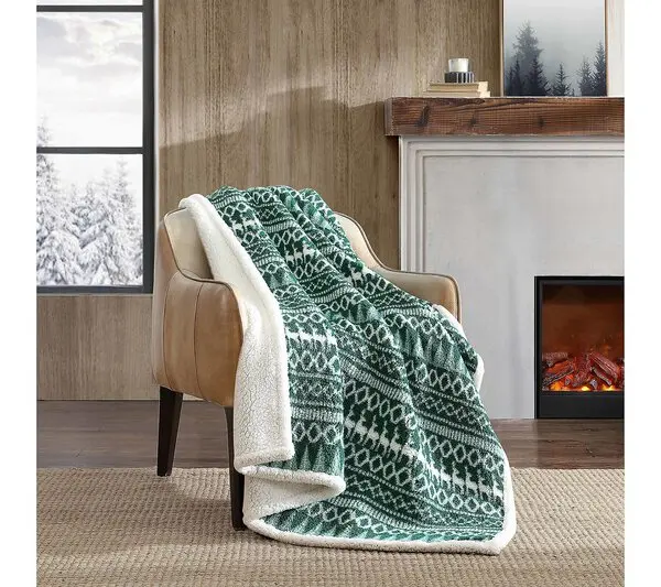 Eddie Bauer Alpine Fair Isle Green Sherpa 50' X 60' Throw - One-color