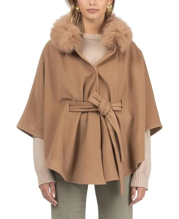 Gorski Wool Belted Cape With Lamb Collar - Camel
