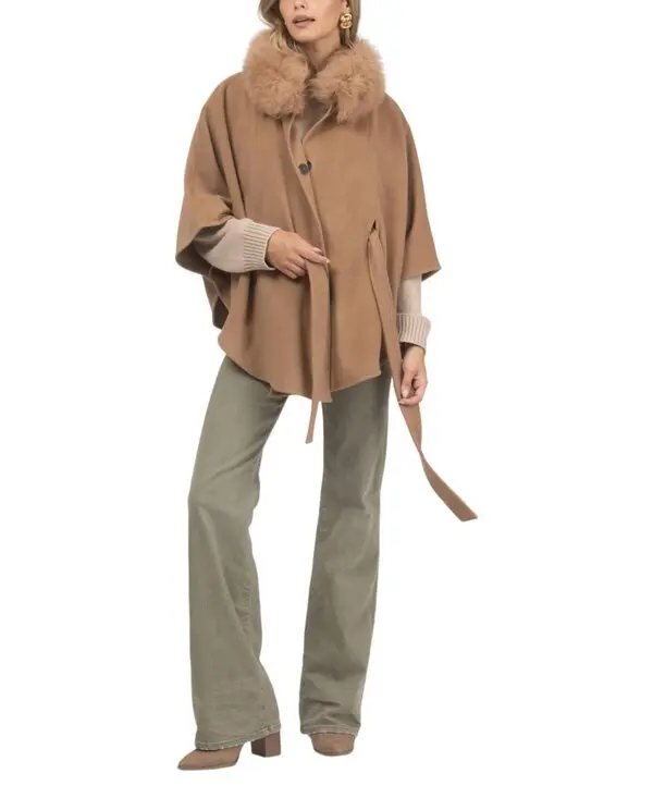 Gorski Wool Belted Cape With Lamb Collar - Camel