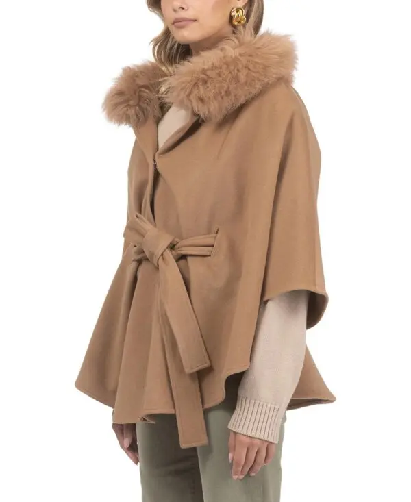 Gorski Wool Belted Cape With Lamb Collar - Camel