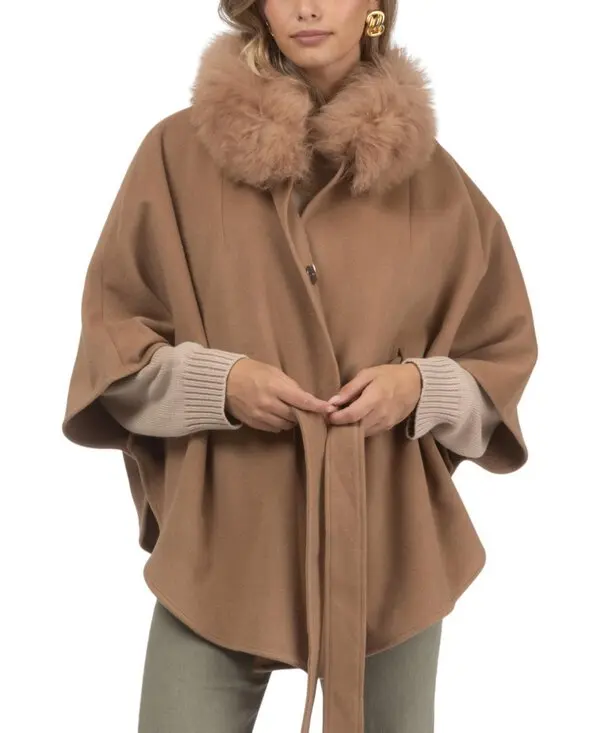 Gorski Wool Belted Cape With Lamb Collar - Camel