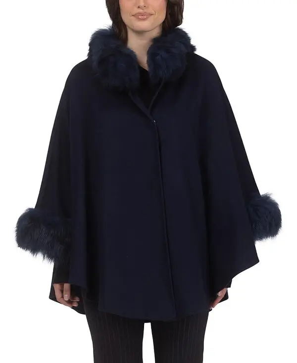 Gorski Cashmere And Wool Cape With Lamb Trim - Navy