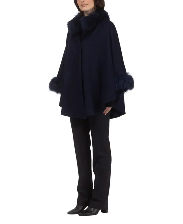 Gorski Cashmere And Wool Cape With Lamb Trim - Navy