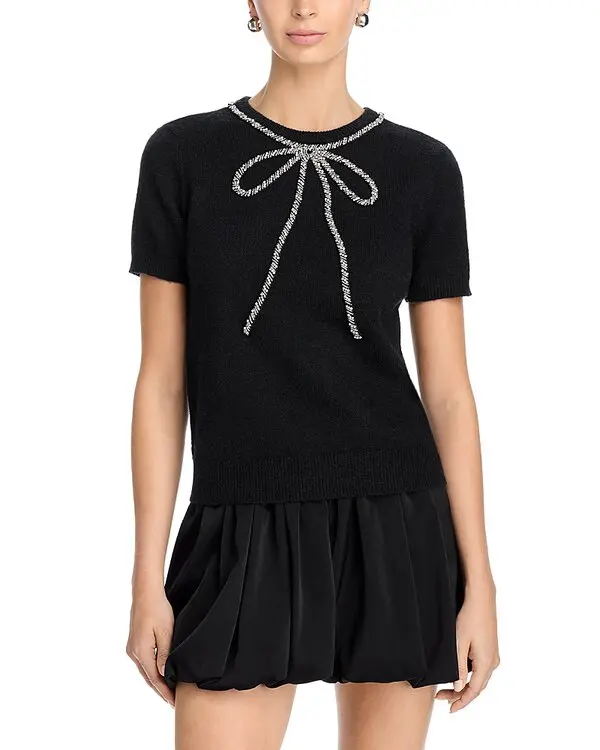 Aqua Embellished Bow Short Sleeve Sweater - Black
