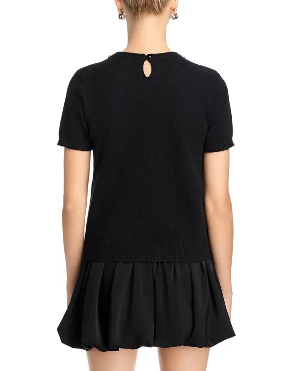 Aqua Embellished Bow Short Sleeve Sweater - Black