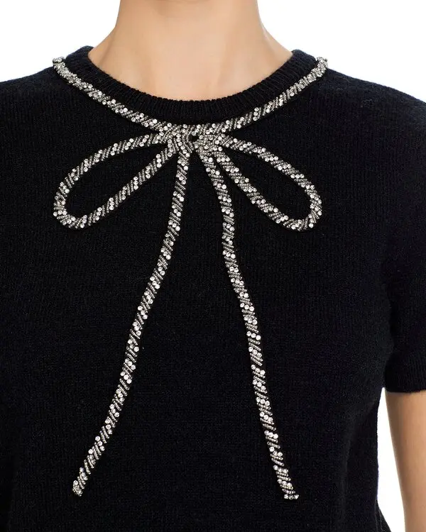 Aqua Embellished Bow Short Sleeve Sweater - Black