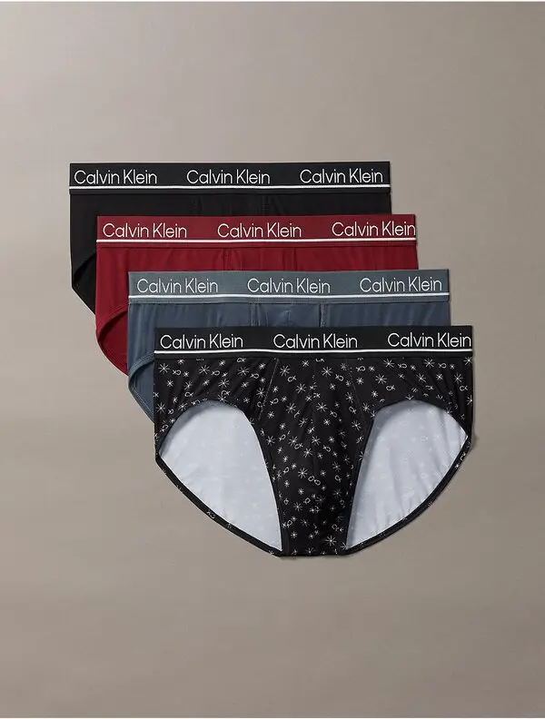 Calvin Klein Microfiber Stretch Plus 4-pack Hip Brief - Black W Silver/ Ck Spark Black W Silver/ Turbulence W Silver/ Syrah W Silver