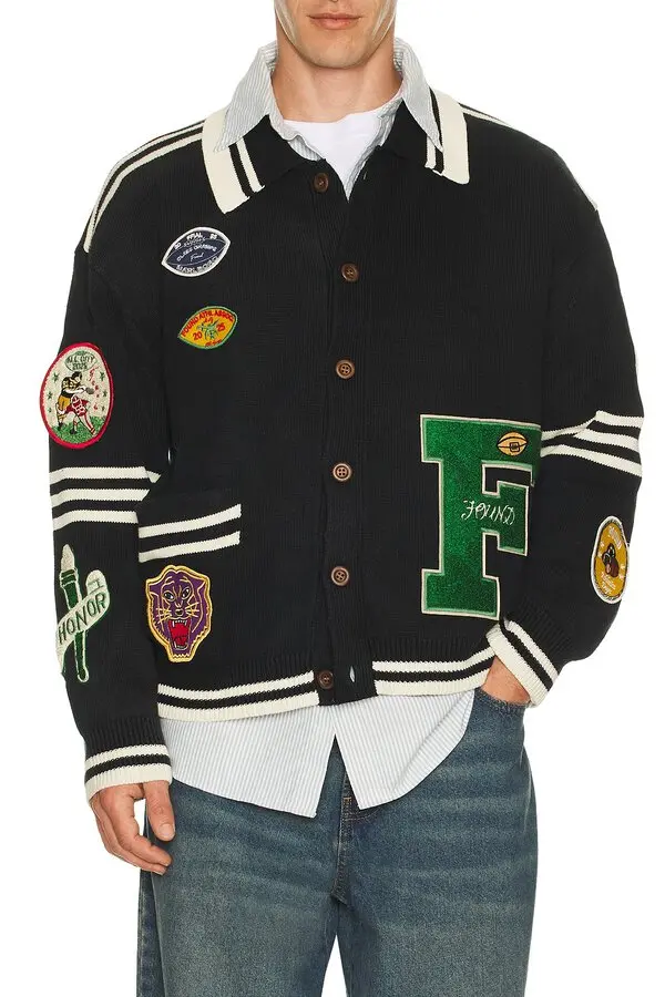 FOUND Varsity Patch Collared Cardigan - Vintage Black